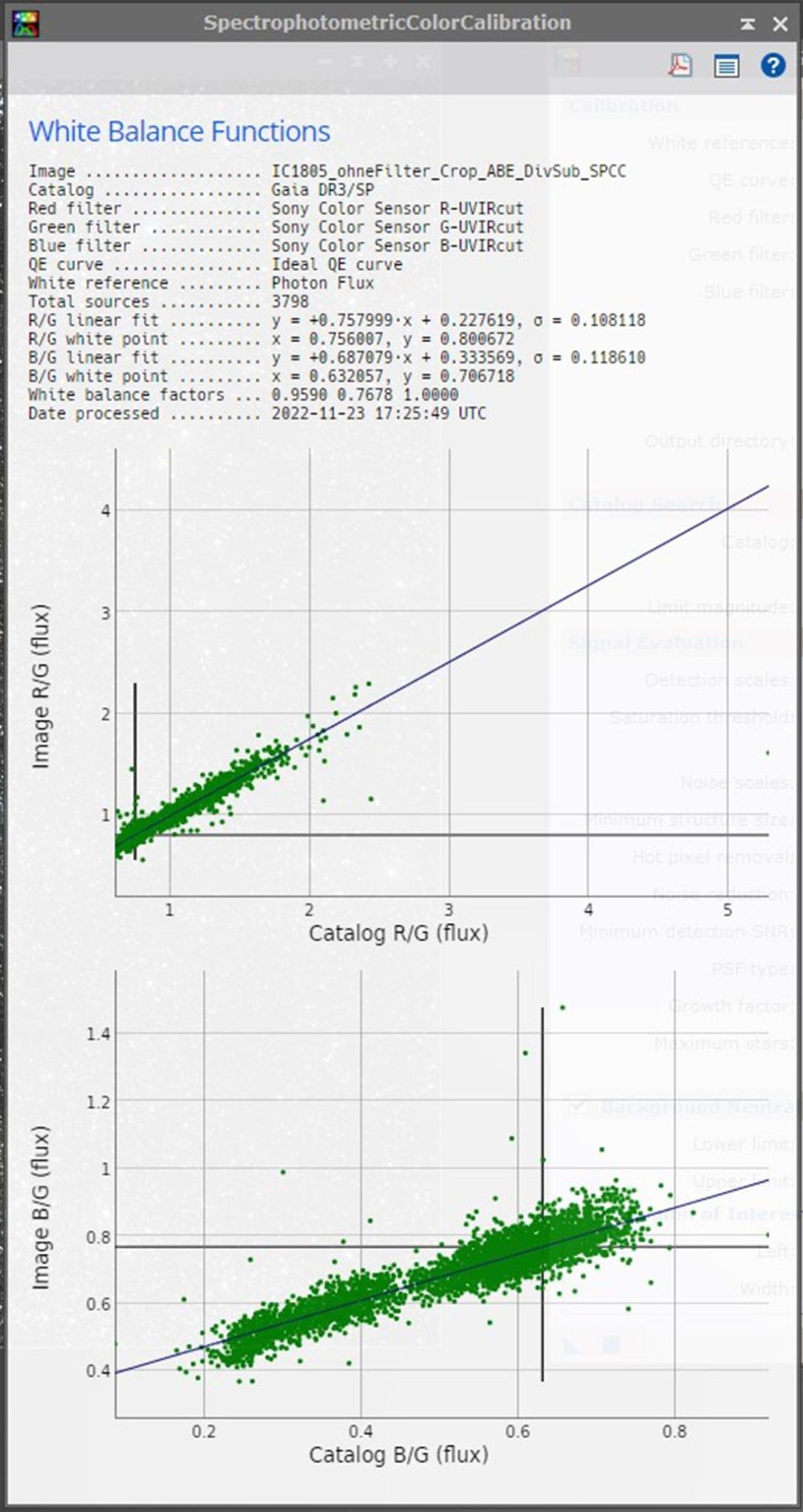 Hat man erst einmal die Werte für seine Sensoren und Filter gefunden und den PixInsight SPCC ...